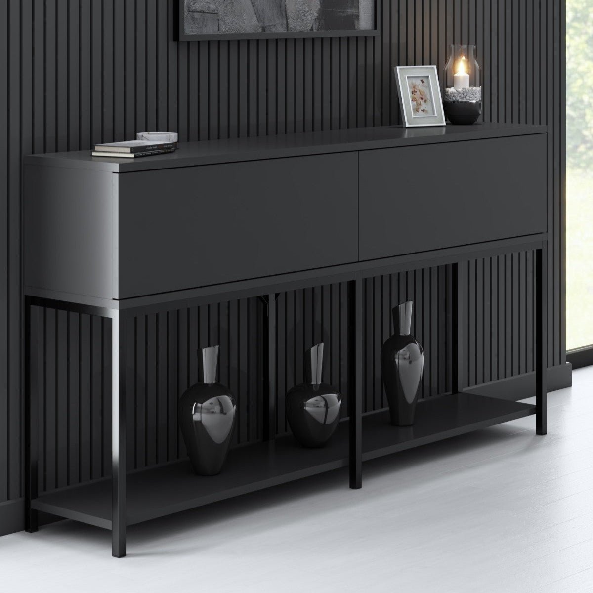 Modern Dressoir Anthracite Lord 150x30x80 - Black Frame - Two Compartm ...