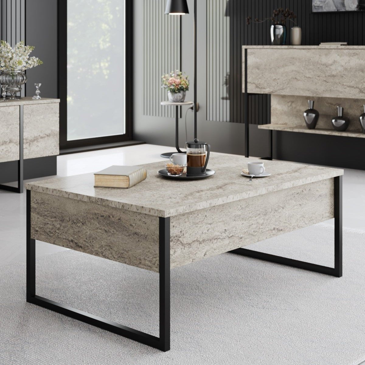 Rectangular Coffee Table Travertine Luxe 90x60 - Black Frame – Dimehouse