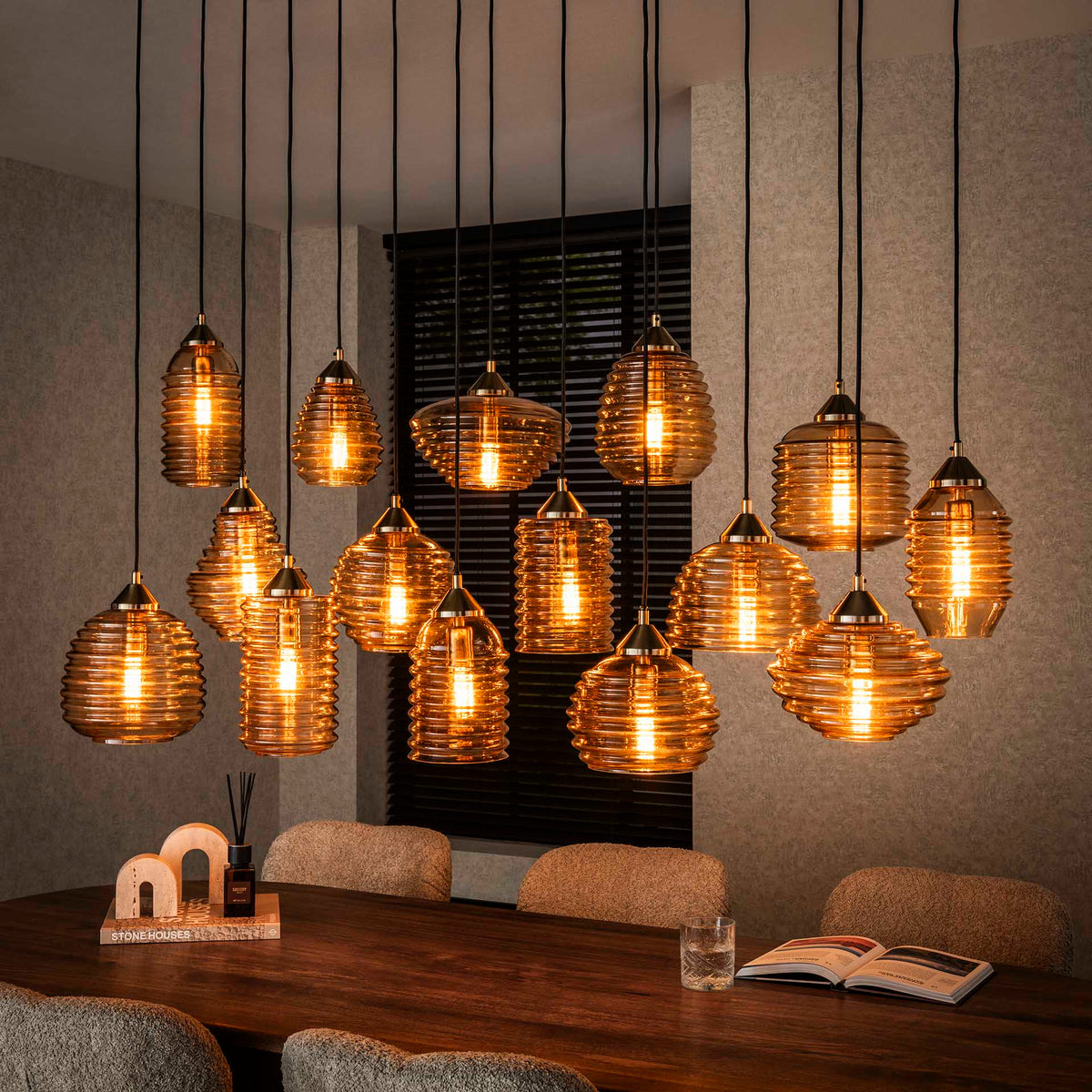Pendant lamp Mali 15-light ribbed glass amber-colored – Dimehouse