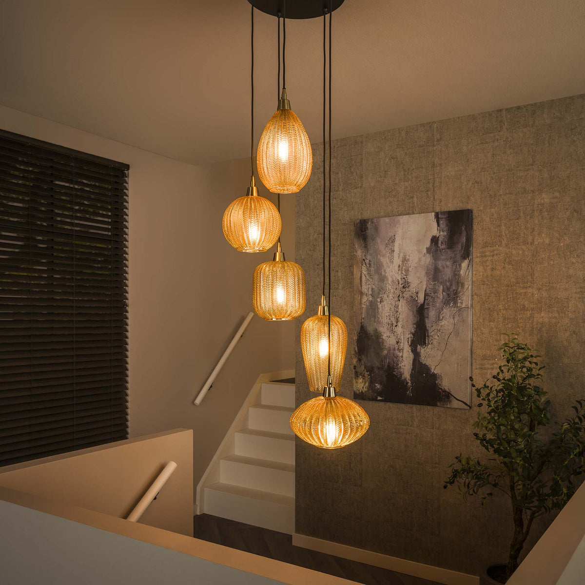 Pendant lamp Olaf 5-light glass amber gold | Dimehouse