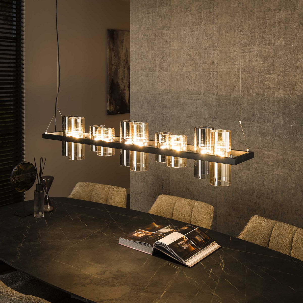 Pendant lamp Khai 10-lights cylinder amber chrome – Dimehouse