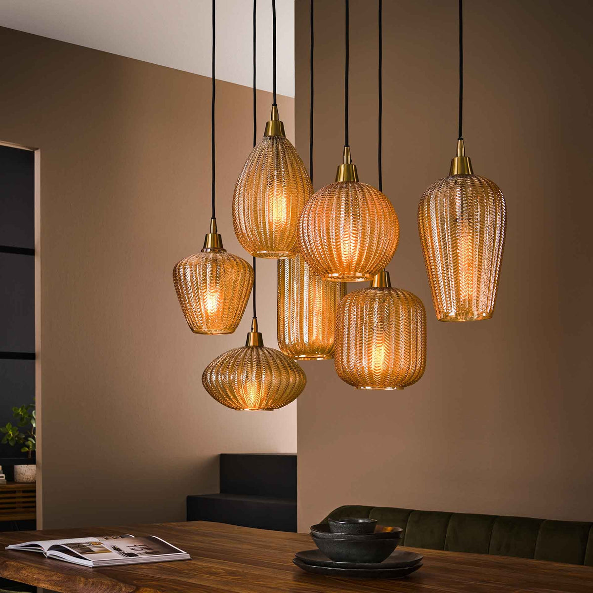 Glass Pendant Lamp Olaf 7-Light Amber Gold | Dimehouse