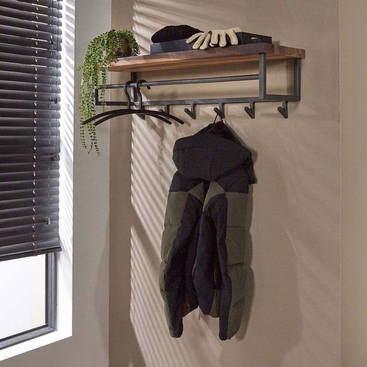 Industrial coat rack walnut wood Daya 6 hooks with shelf – Dimehouse